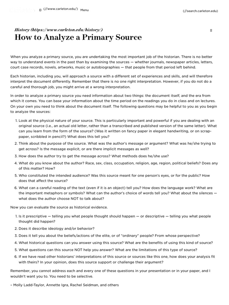 How To Analyze A Primary Source - History - Carleton College | PDF ...