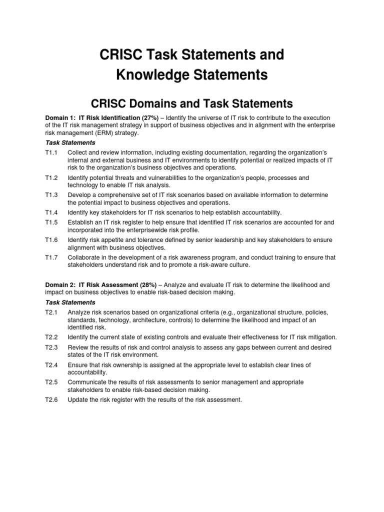 Analysis of the CRISC Domains, Task Statements, Knowledge Statements ...