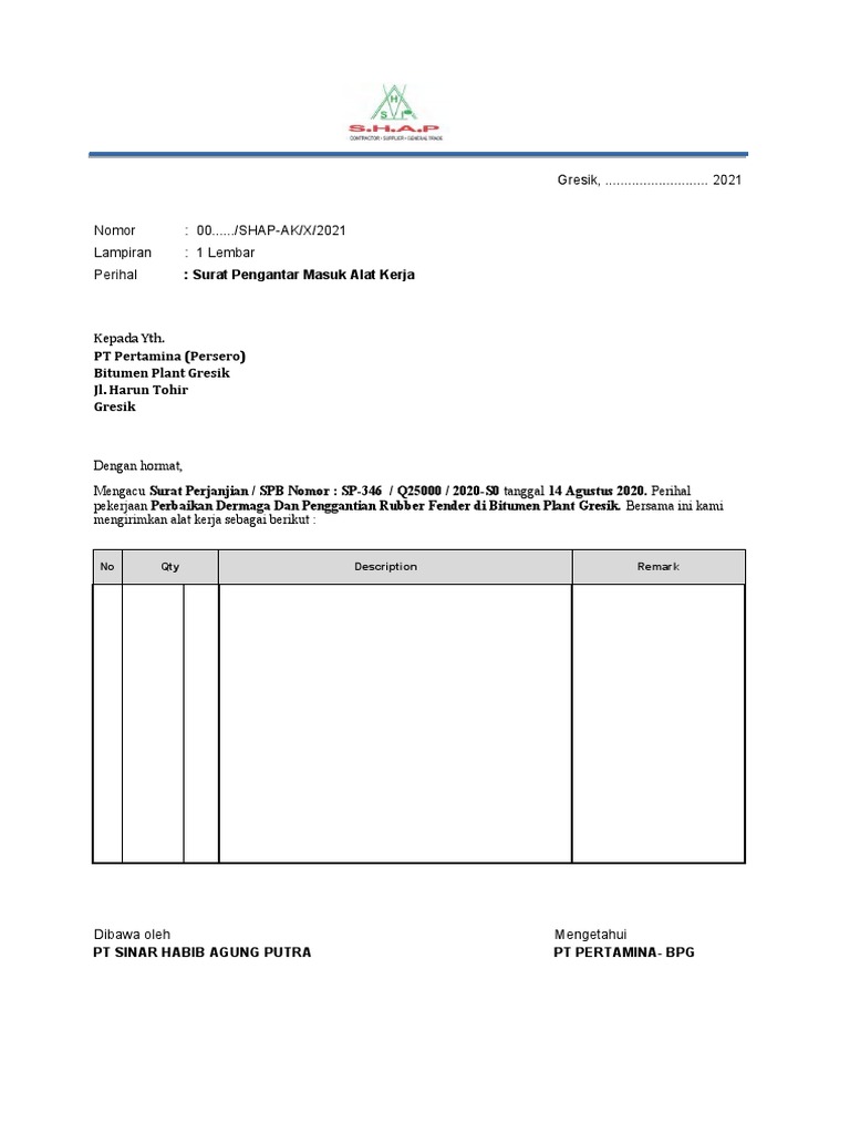 Form Surat Jalan Alat + Material Kerja Dermaga BPG | PDF