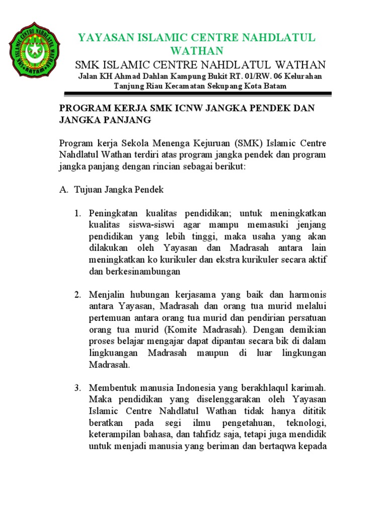 Program Kerja SMK Icnw Jangka Pendek Dan Jangka Panjang | PDF