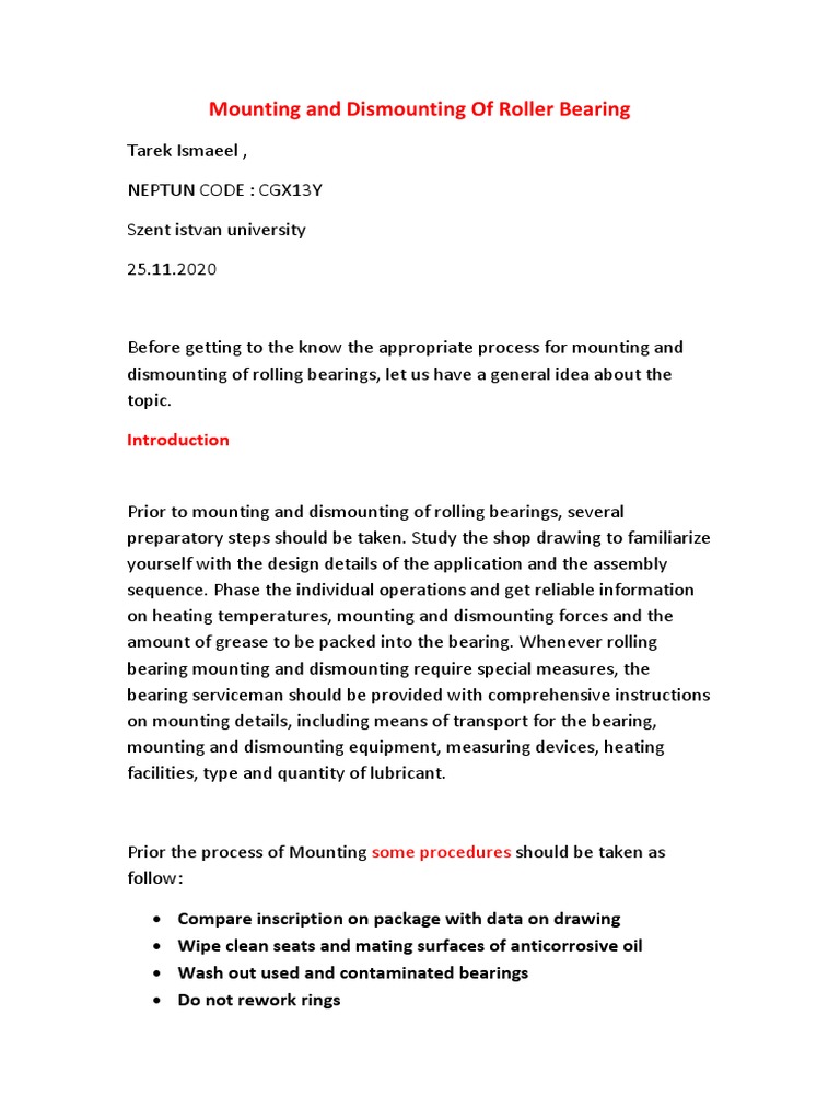 Mounting and Dismounting of Roller Bearing Project Tarek Ismaeel | PDF ...