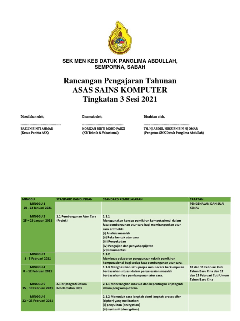 RPT 2021 Asas Sains Komputer Tingkatan 3 KSSM | PDF