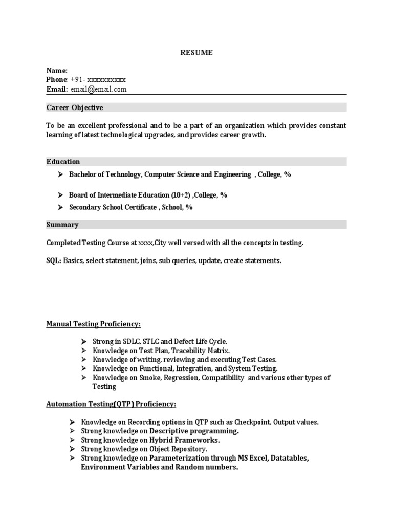 Testing Fresher Resume 1 | PDF