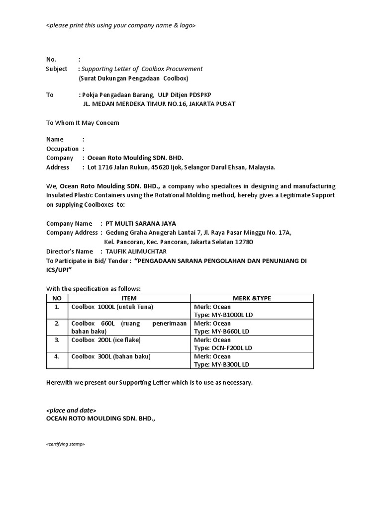 Supporting Letter - English - Coolbox - Ocean - MY (Tender October 2017 ...