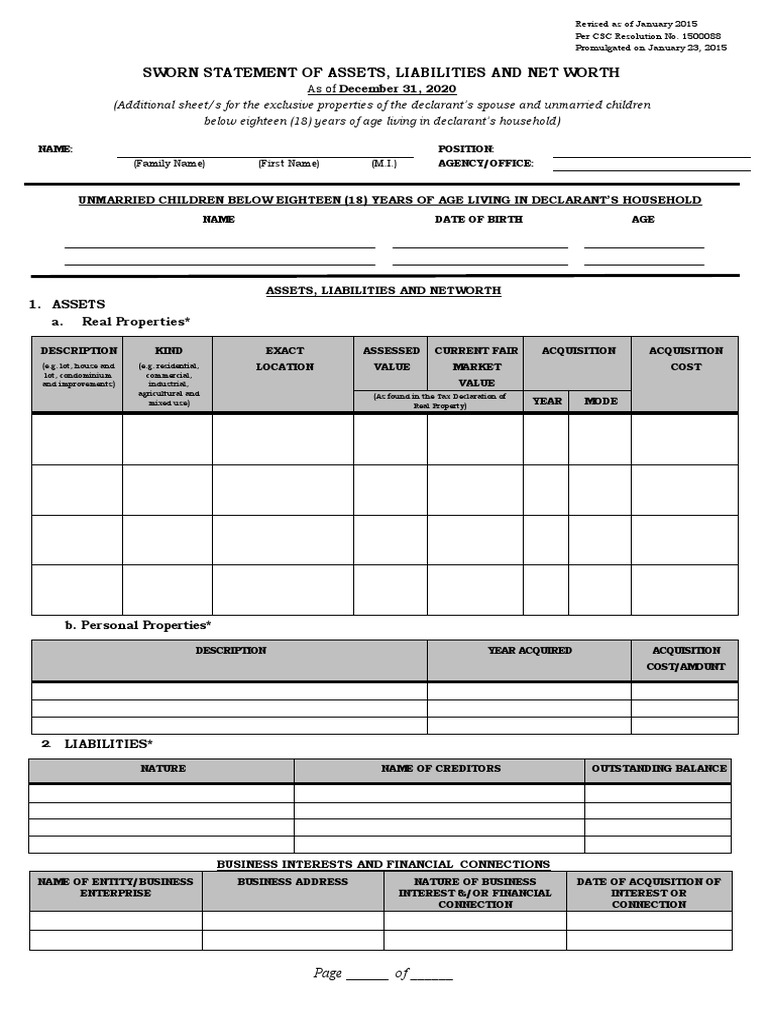 SALN FORM (A4 SIZE) Additional Sheets | PDF | Net Worth | Business