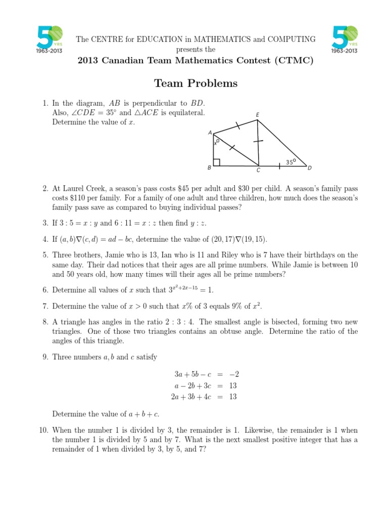 Team Problems: 2013 Canadian Team Mathematics Contest (CTMC) | PDF ...