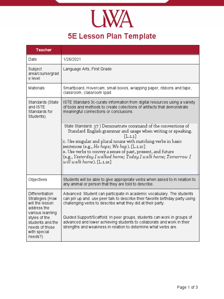 Verb 5e Lesson Plan | PDF | Lesson Plan | Education Theory