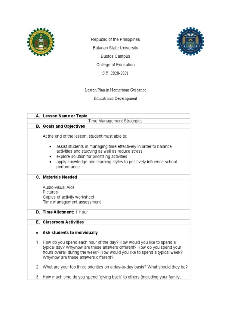 Time Management Strategies Lesson Plan | PDF | Lesson Plan | Applied ...