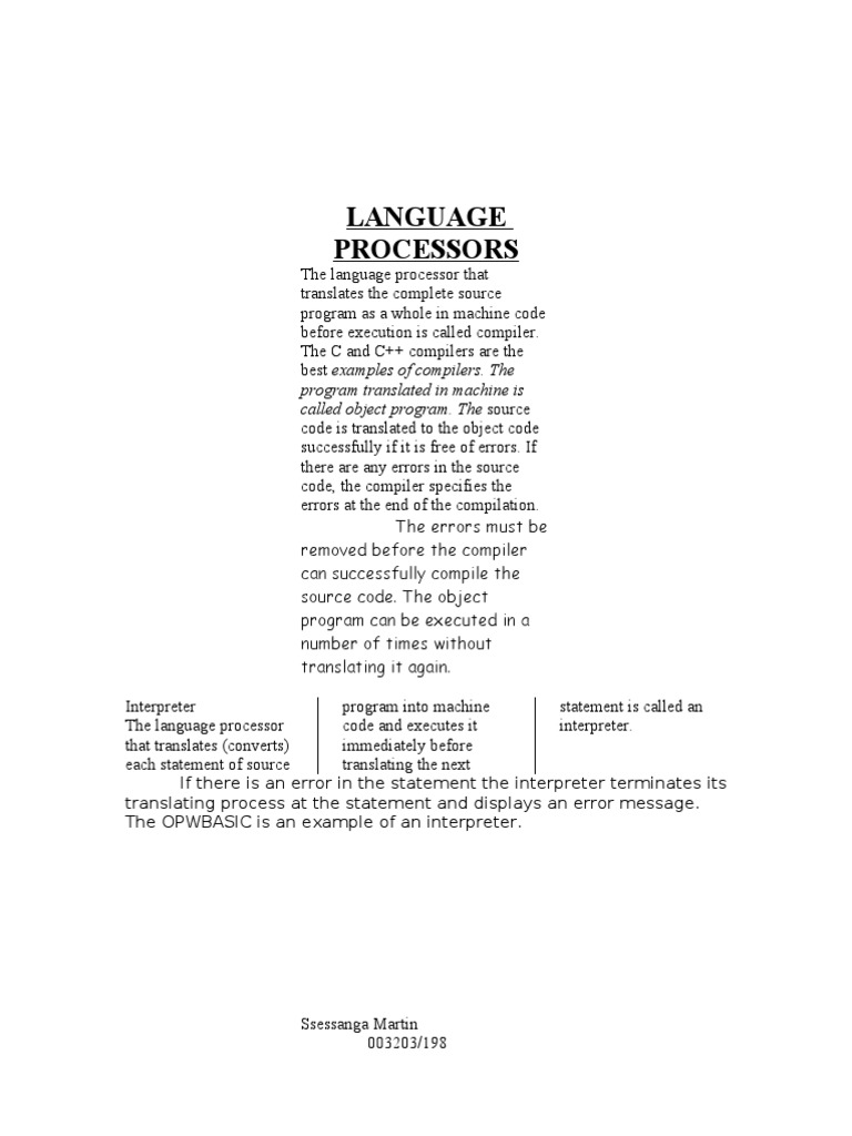 Language Processors: Program Translated in Machine Is Called Object Program. The Source | PDF ...