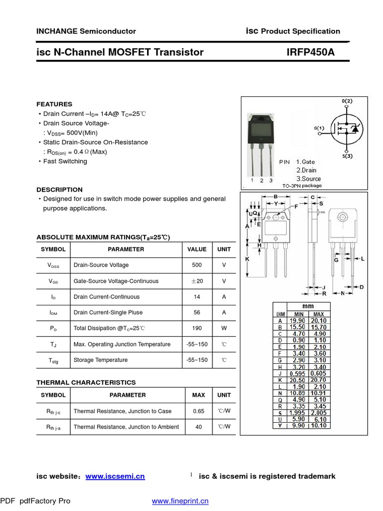 Isc N-Channel MOSFET Transistor IRFP450A: INCHANGE Semiconductor Product Specification | PDF ...
