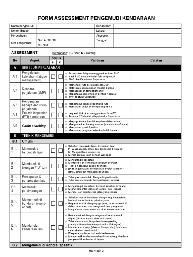 Driver Assessment Form - 1 | PDF
