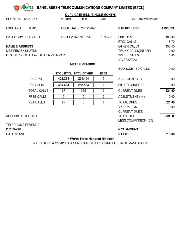 Telephone Bill | PDF | Telecommunications | Information And ...