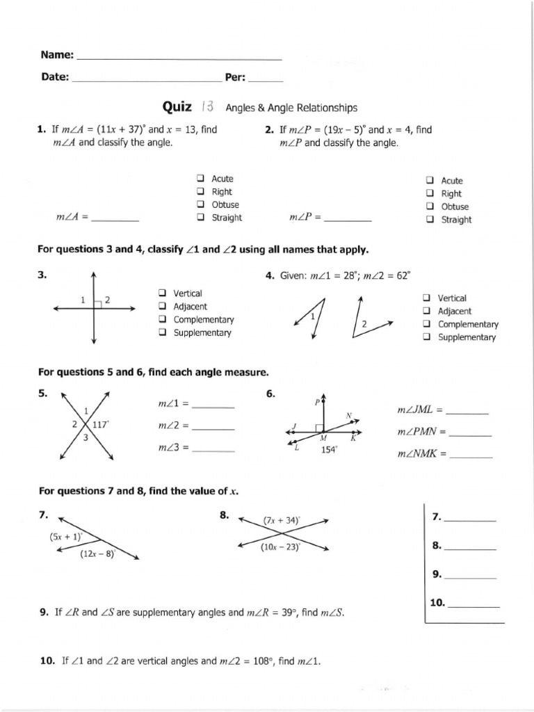 Angle Relationships Quiz Answer Key | PDF | Angle | Scientific Observation