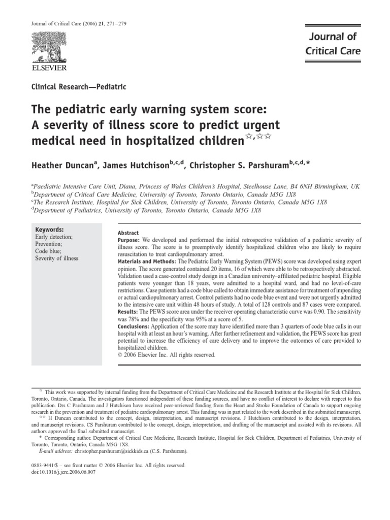 The Pediatric Early Warning System Score: A Severity of Illness Score ...
