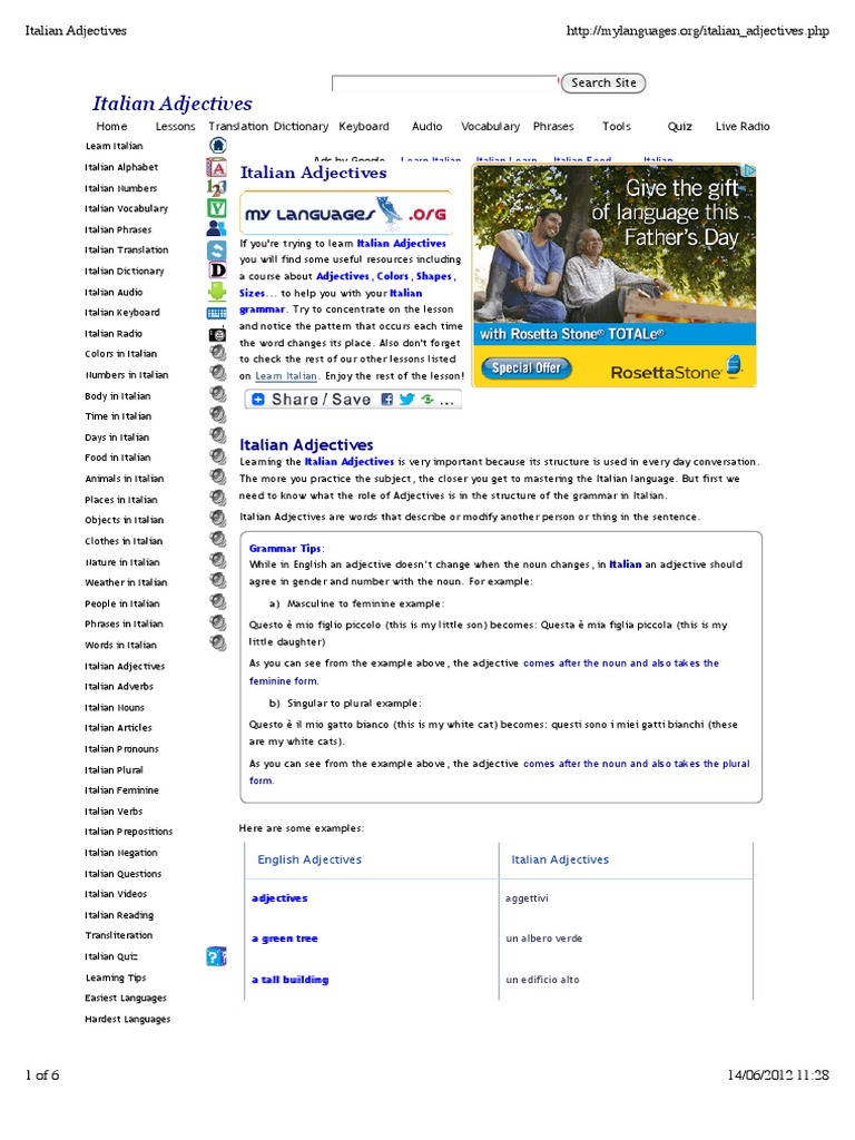 Italian Adjectives | PDF | Adjective | Grammatical Gender