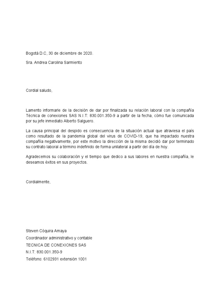 Modelo De Carta De Despido Sin Causa Justa Reparado Pdf