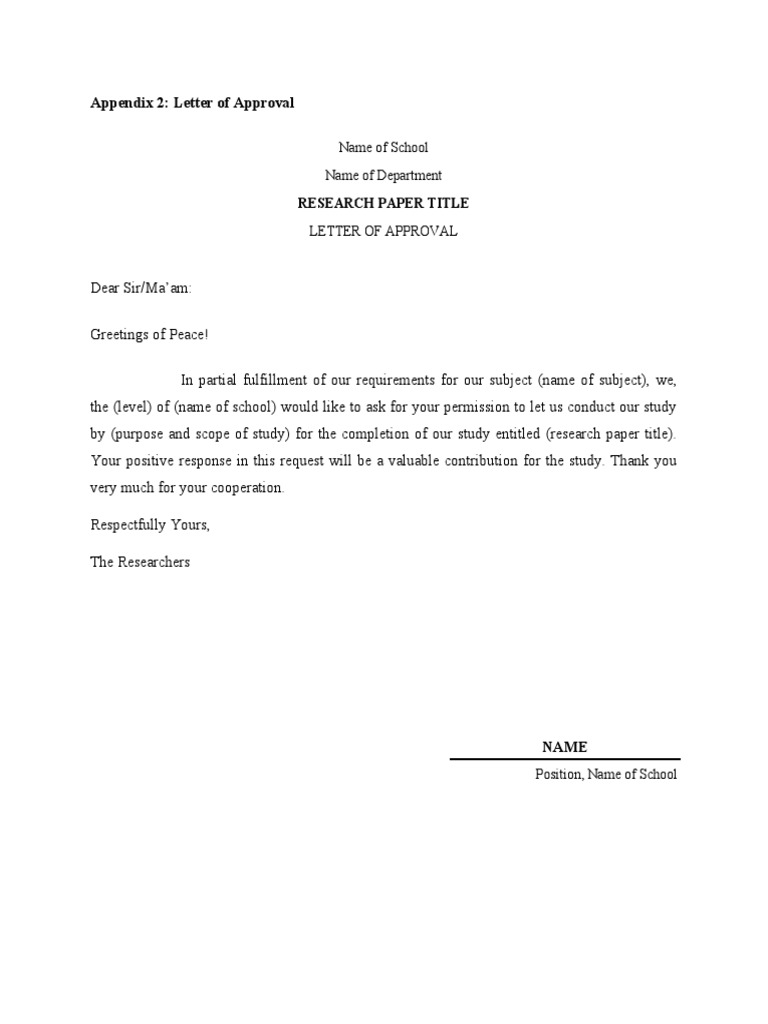 Appendix 2: Letter of Approval: Name of School Name of Department | PDF