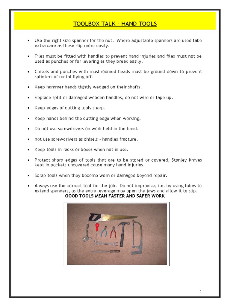 Toolbox Talk - Hand Tools: Good Tools Mean Faster and Safer Work | PDF
