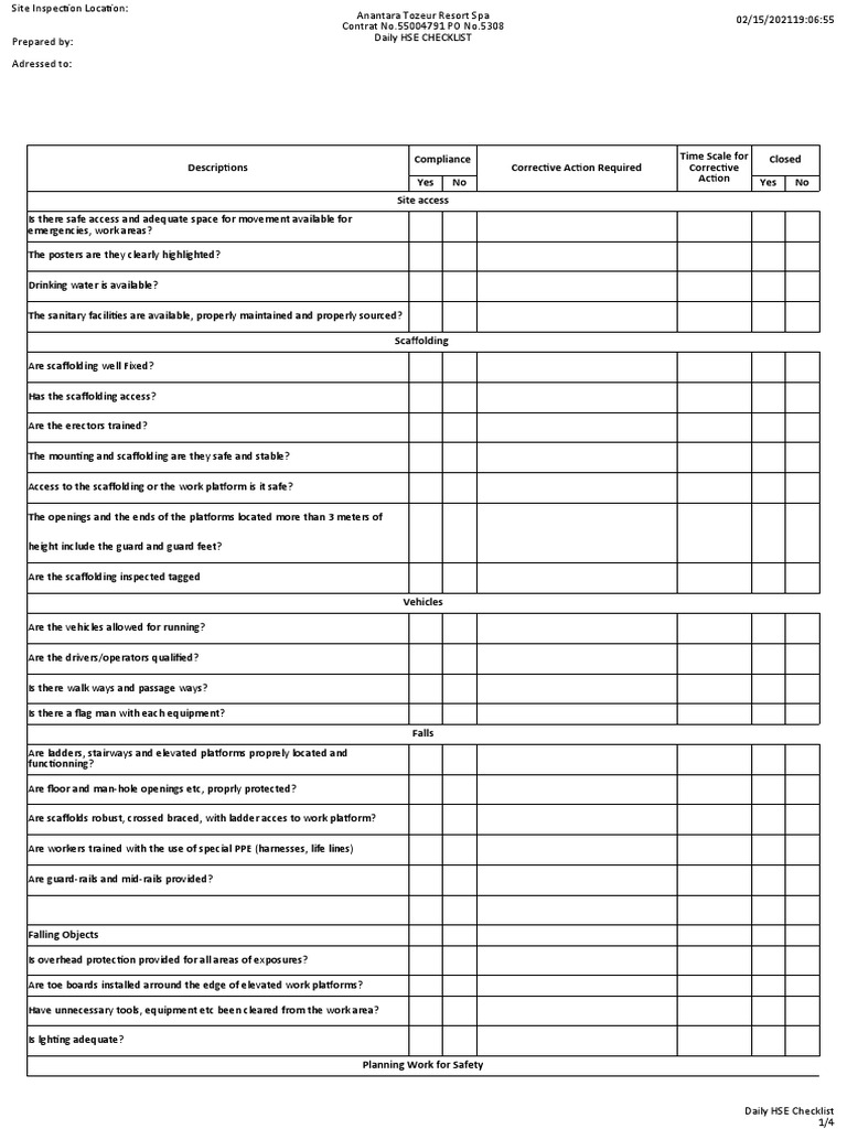 HSE Daily Check List - Copie | PDF | Scaffolding | Fires