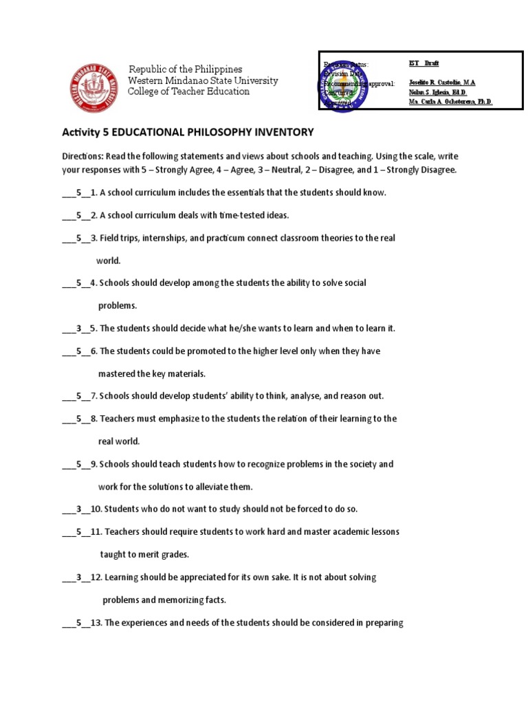 Activity 5 Educational Philosophy Inventory: Revision Status: Revision ...