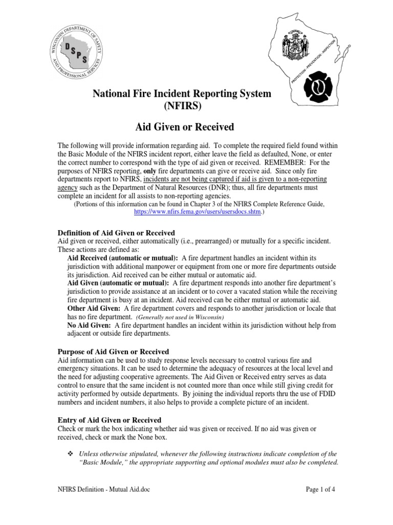 NFIRS Mutual Aid Definition | PDF | Fire Engine | Emergency Medical ...