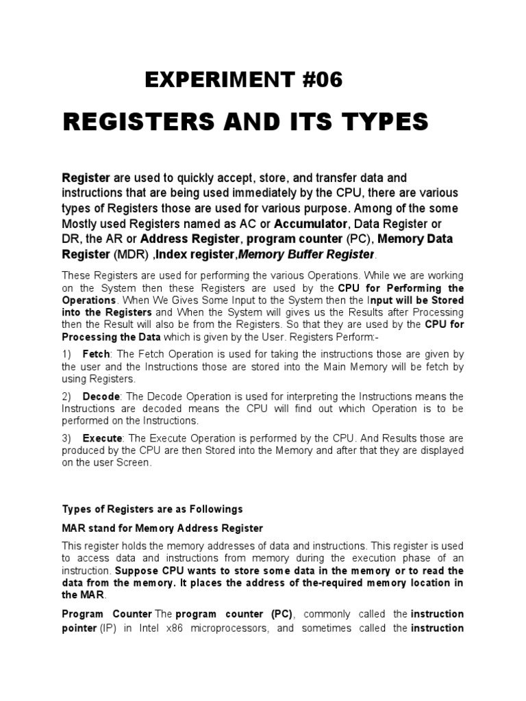 Exp 8 Registers and Types | PDF | Central Processing Unit | Computer Data Storage
