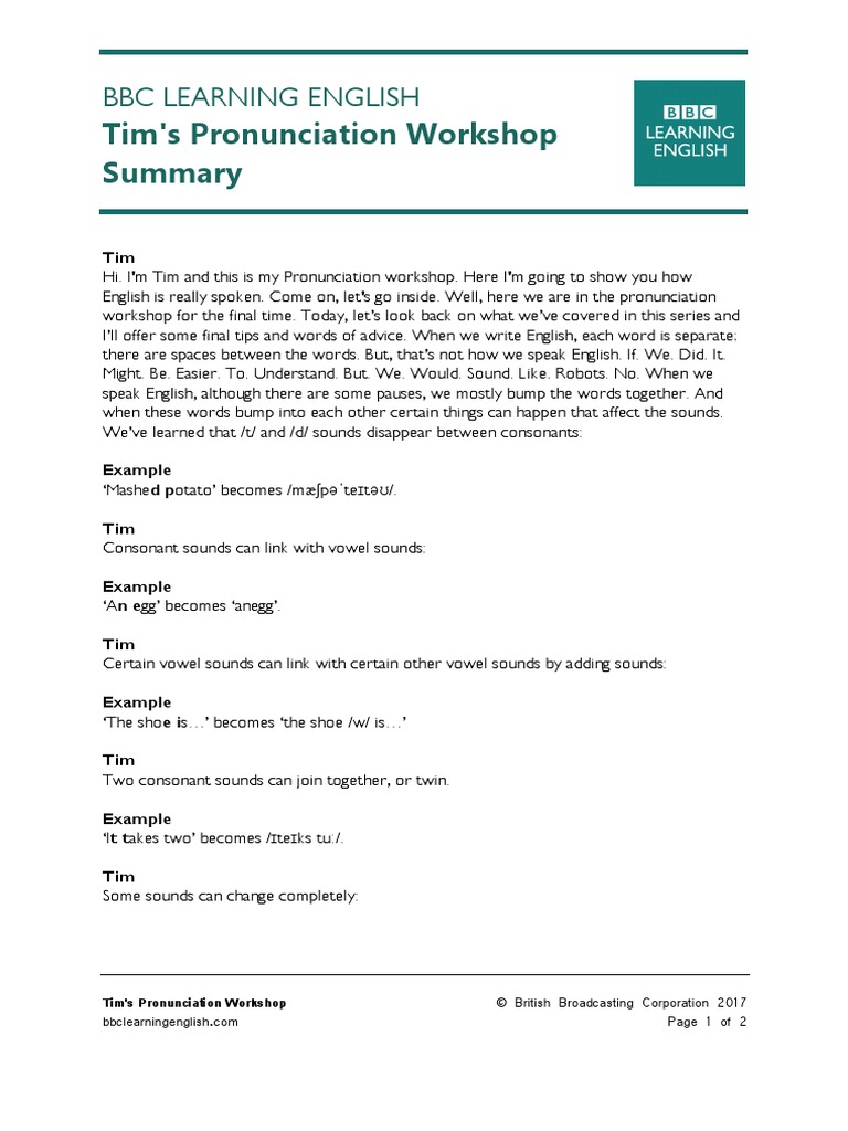 Tim's Pronunciation Workshop: BBC Learning English | PDF | English ...