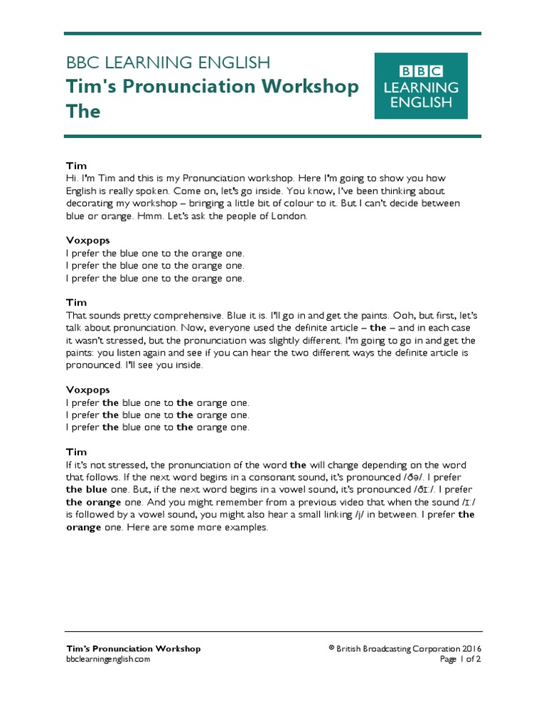 Tim's Pronunciation Workshop The: BBC Learning English | PDF | Human ...