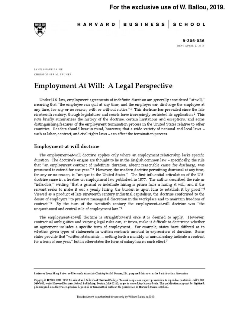 Employment at Will - A Legal Perspective | PDF | At Will Employment ...
