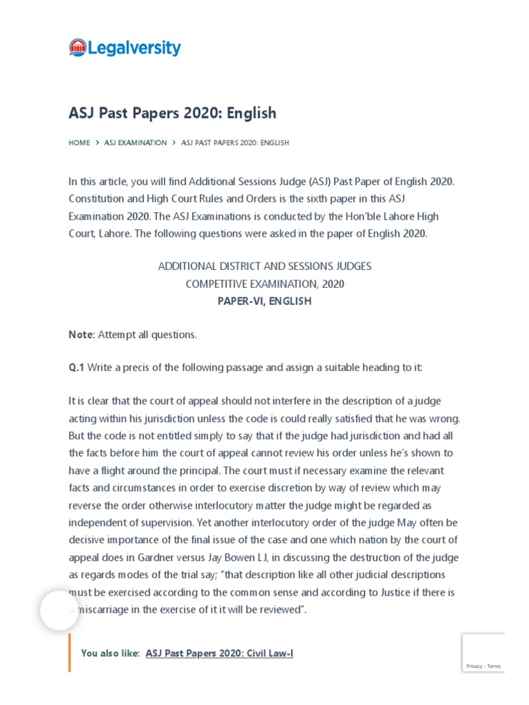 ASJ Past Papers 2020 - English - Legalversity | PDF | Court Of Appeal ...