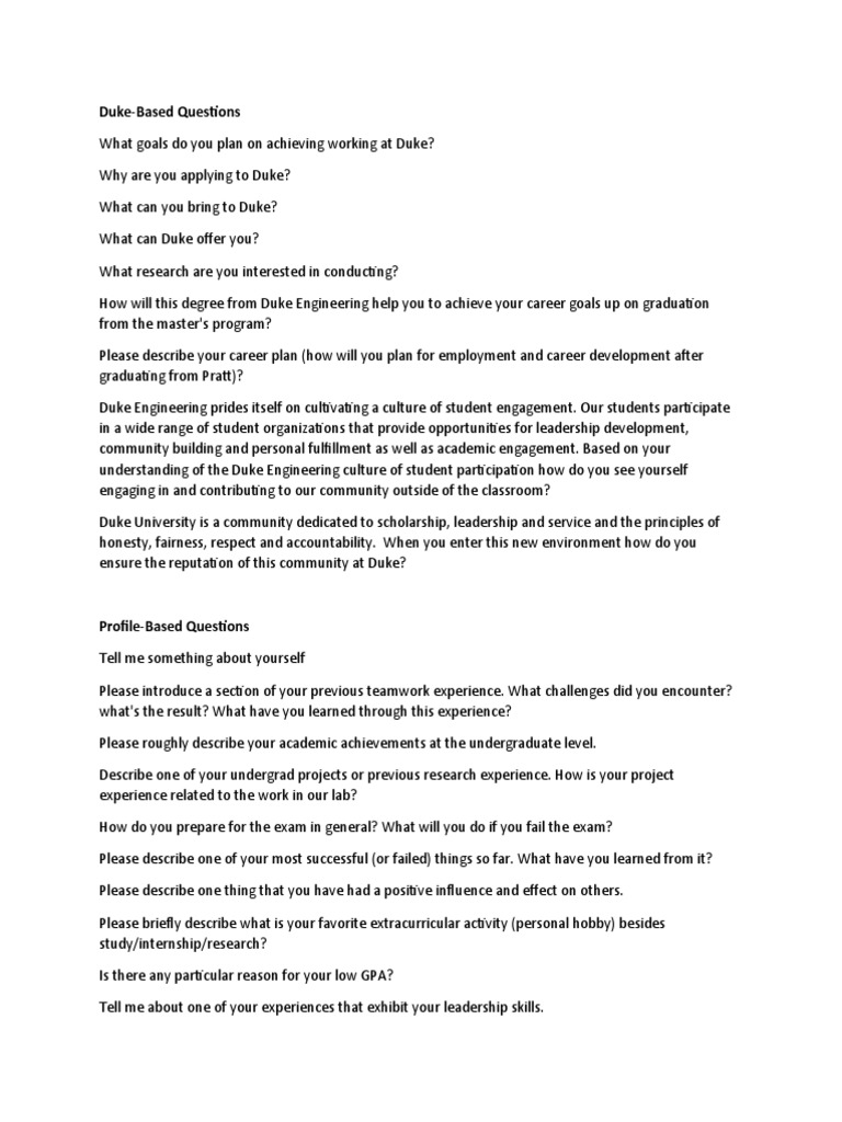 Duke Interview Questions | PDF | Human Nature | Applied Psychology