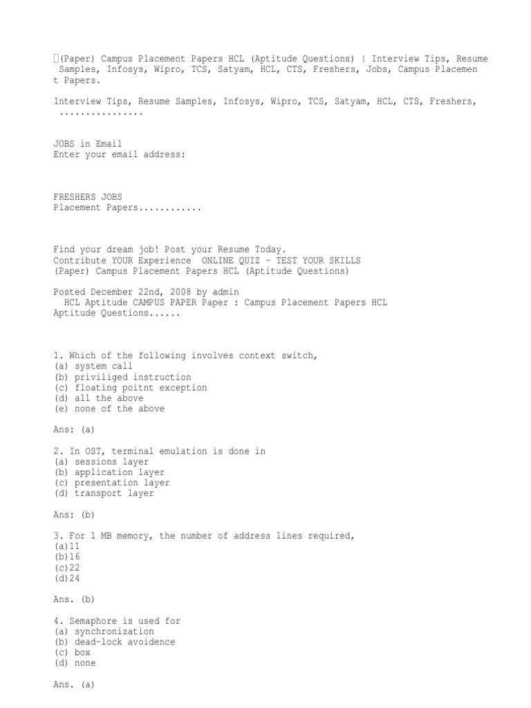 (Paper) Campus Placement Papers HCL (Aptitude Questions) Interview Tips ...