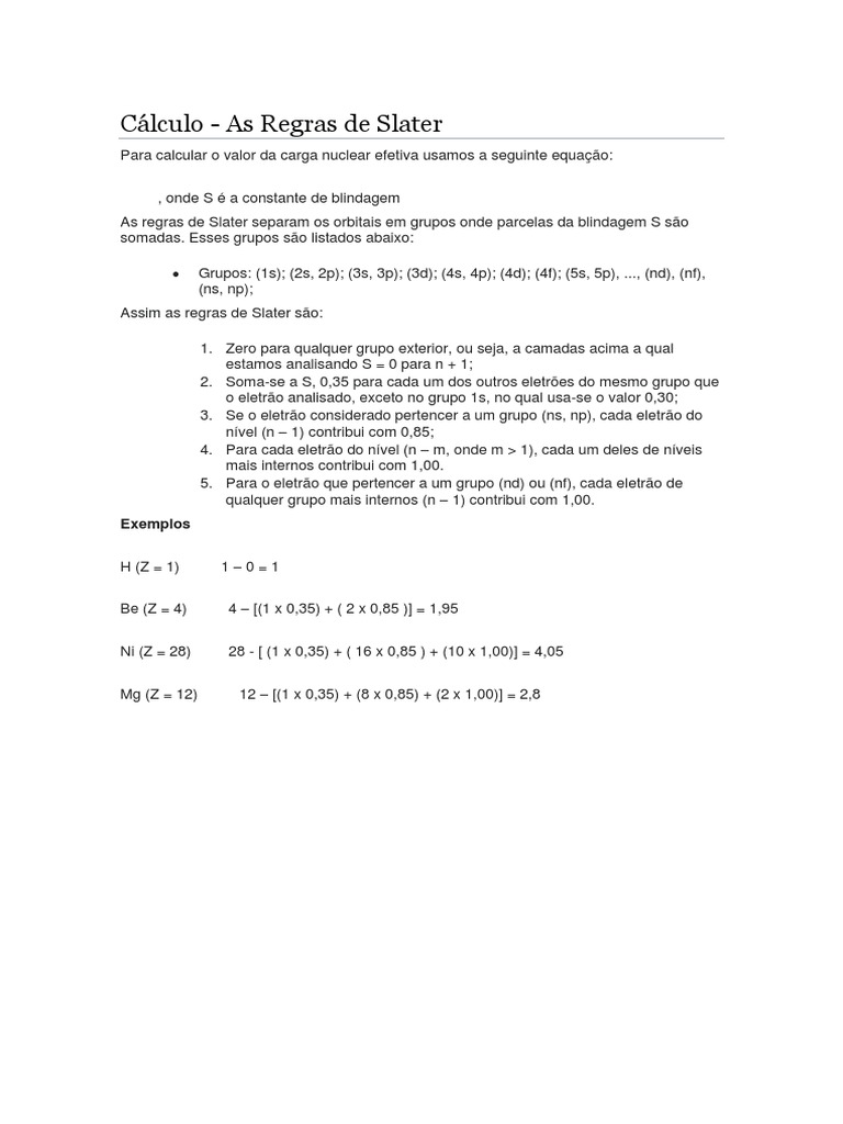Regras de Slater para o cálculo da constante de blindagem nuclear e ...
