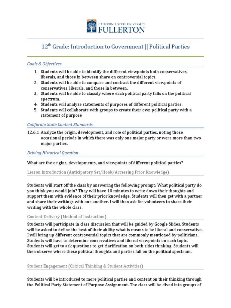 Political Parties Lesson Plan Overview | PDF | Applied Psychology ...