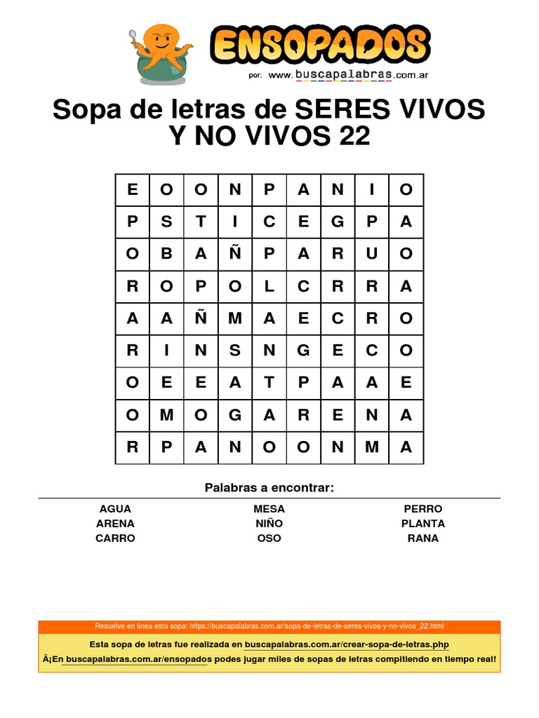 Sopa de Letras de Seres Vivos y No Vivos - 22 | PDF