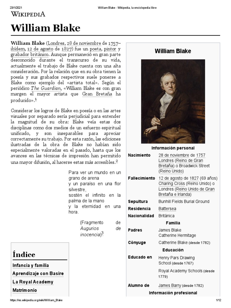 William Blake - Wikipedia, La Enciclopedia Libre | PDF | William Blake | Poesía