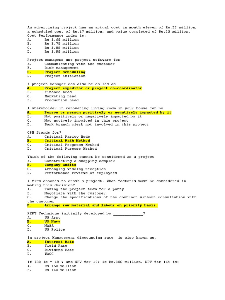 Project Management Practice MCQ's | PDF | Project Management | Capital ...