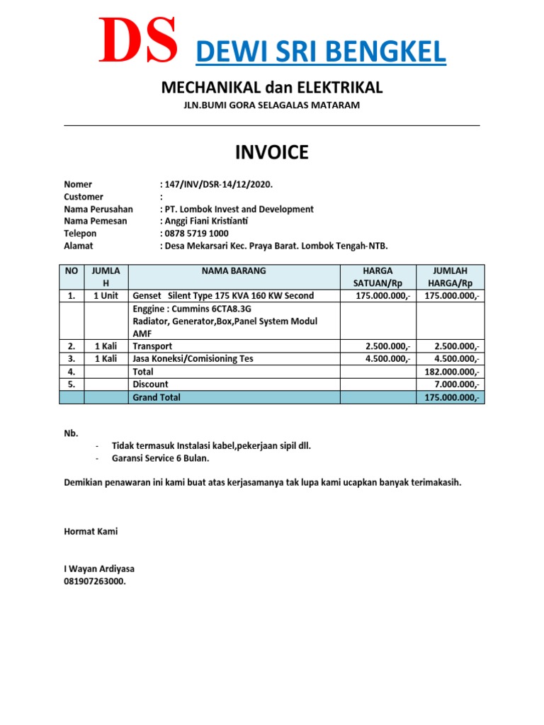 Invoice Genset 175 KVA Cummins | PDF