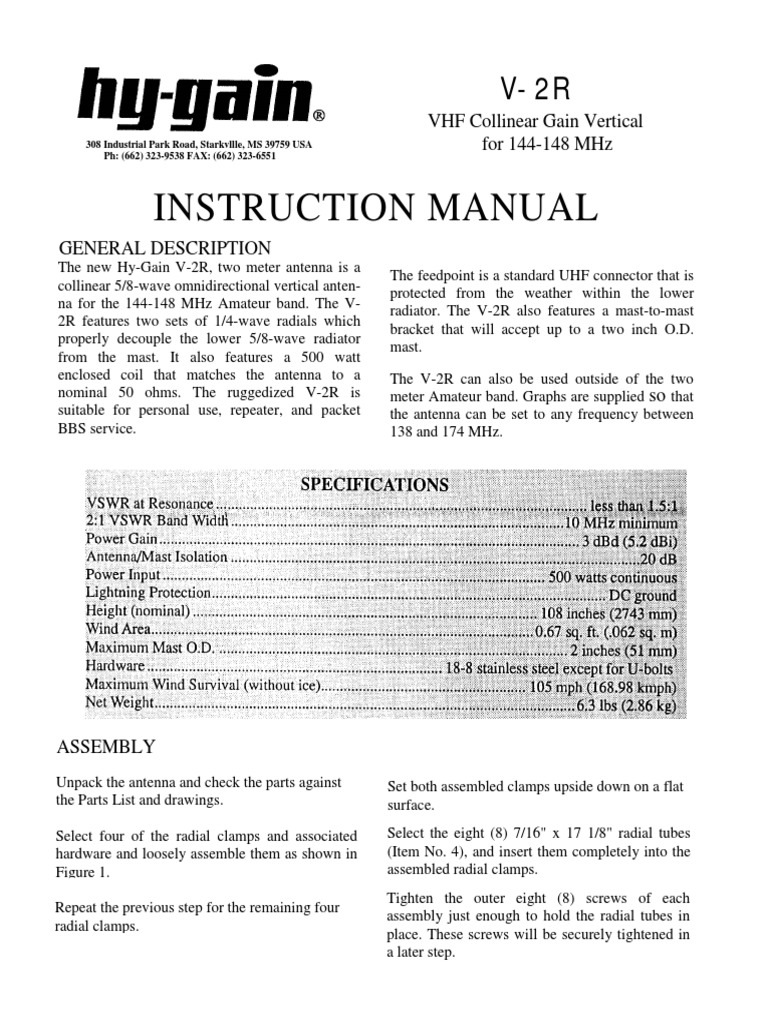 Instruction Manual for the Hy-Gain V-2R VHF Collinear Gain Vertical Antenna for 144-148 MHz ...