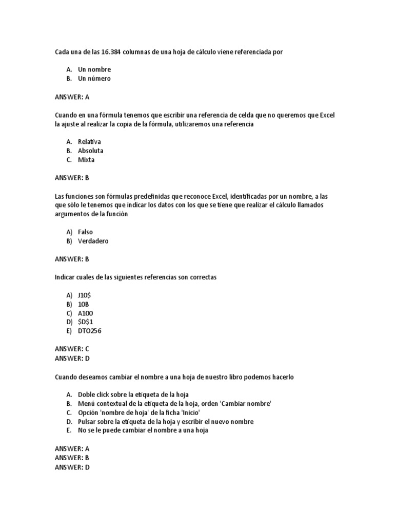 Preguntas Excel | PDF | Hoja de cálculo | Microsoft Excel