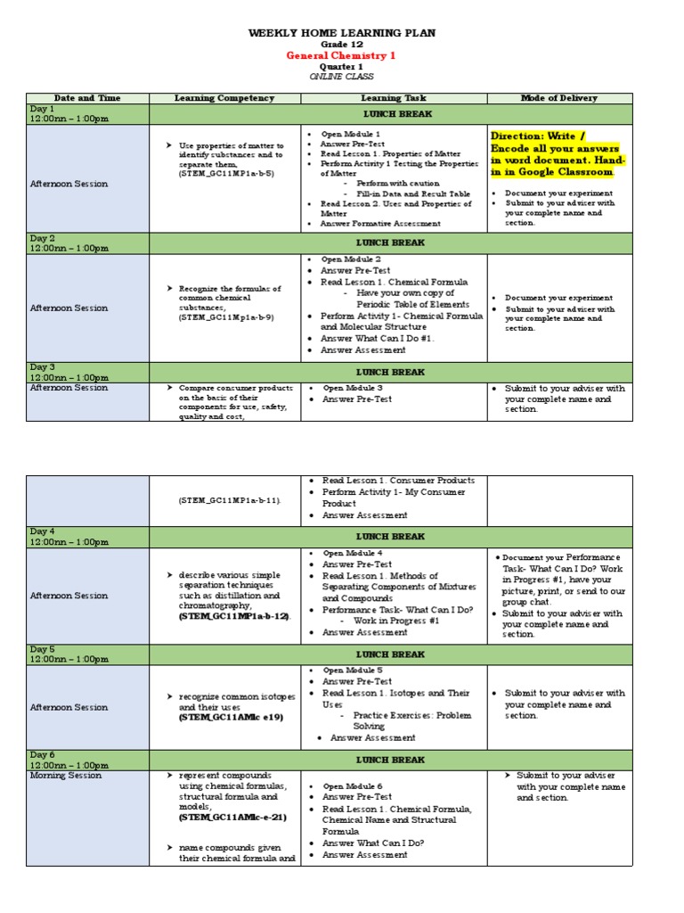 Grade 12 Chemistry Weekly Learning Plan | PDF | Nature | Applied And ...