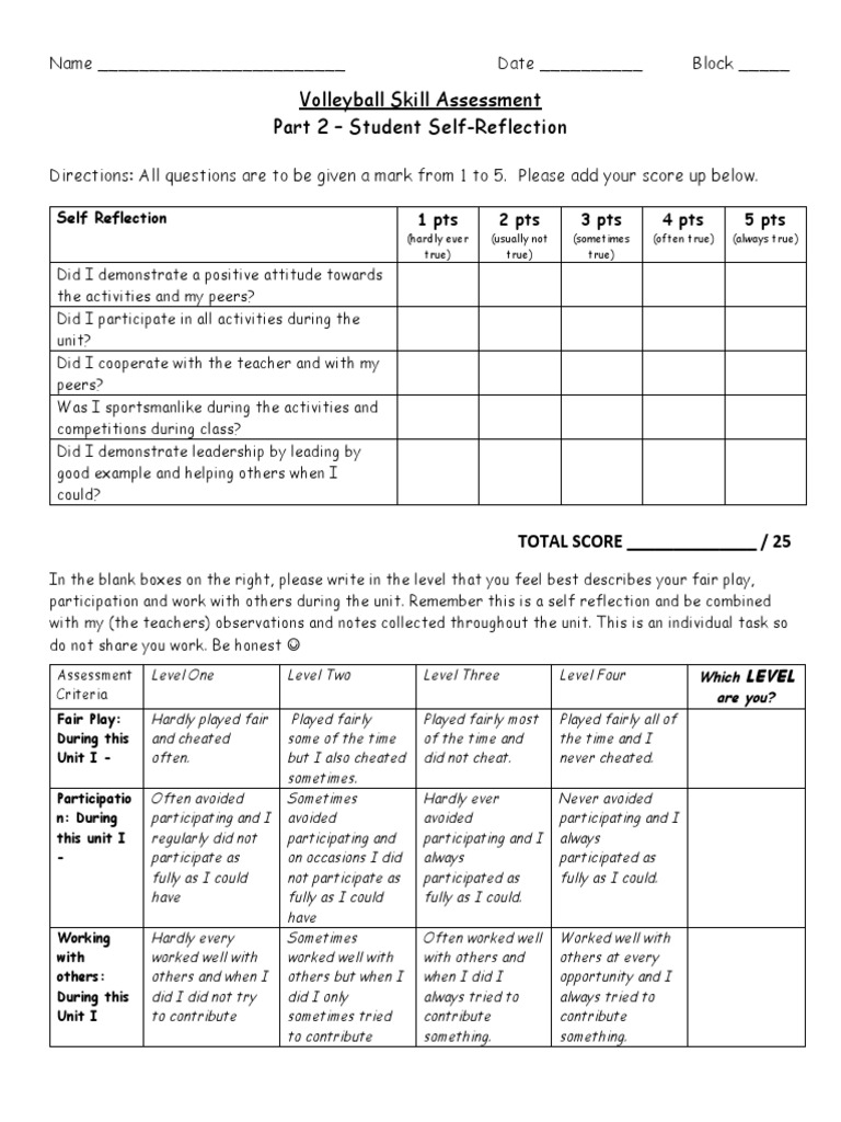 Volleyball Self-Assessment Guide | PDF | Social Psychology | Education ...