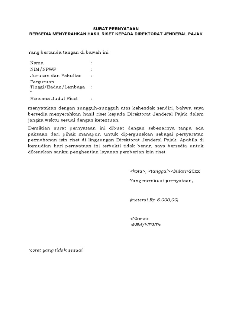 Surat Pernyataan Menyerahkan Hasil Riset | PDF