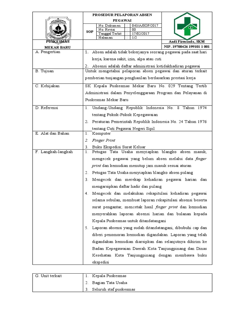 Sop Prosedur Pelaporan Absen Pegawai | PDF