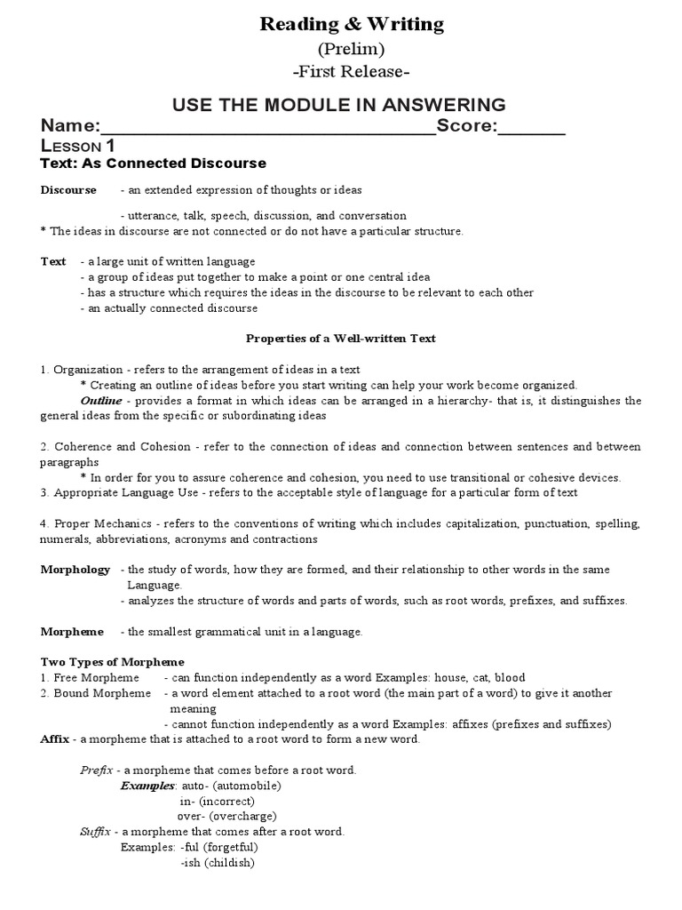 Reading and Writing (Prelim) | PDF | Word | Grammar
