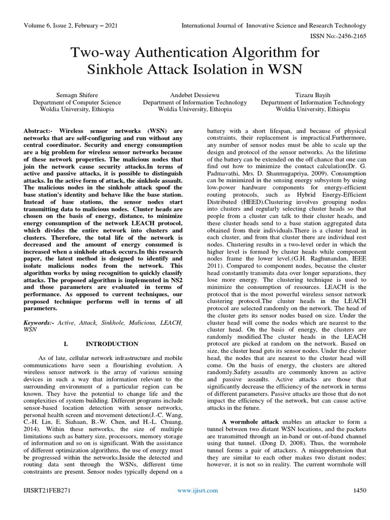 Two-Way Authentication Algorithm For Sinkhole Attack Isolation in WSN | PDF | Wireless Sensor ...