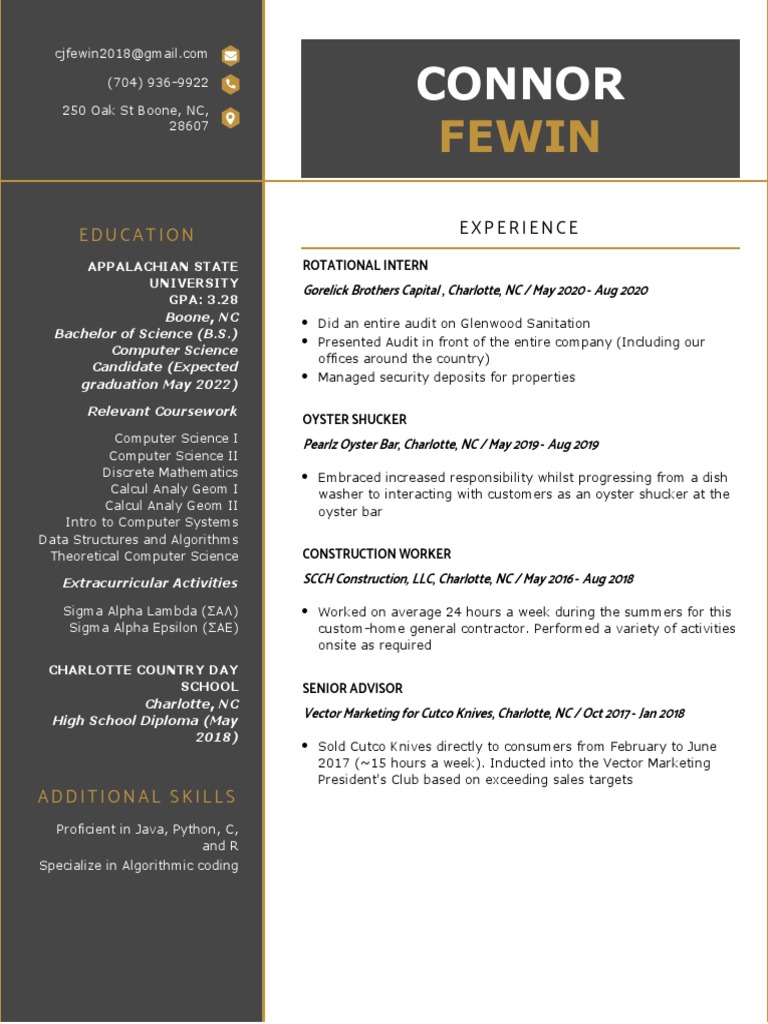 Connor Fewin's Computer Science Resume | PDF | Computer Science | Computing