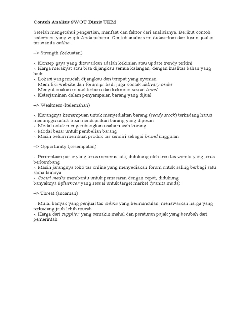 Contoh Analisis SWOT Bisnis UKM | PDF | Karier & Perkembangan | Bisnis