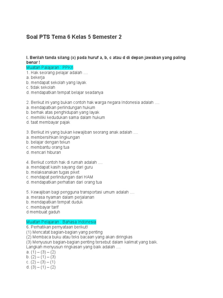 Soal PTS Tema 6 Kelas 5 Semester 2 | PDF