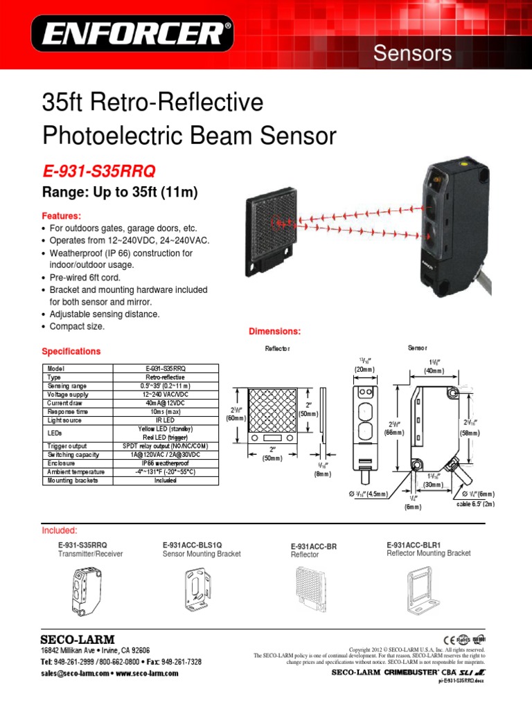 35ft Retro-Reflective Photoelectric Beam Sensor: E-931-S35RRQ | PDF ...